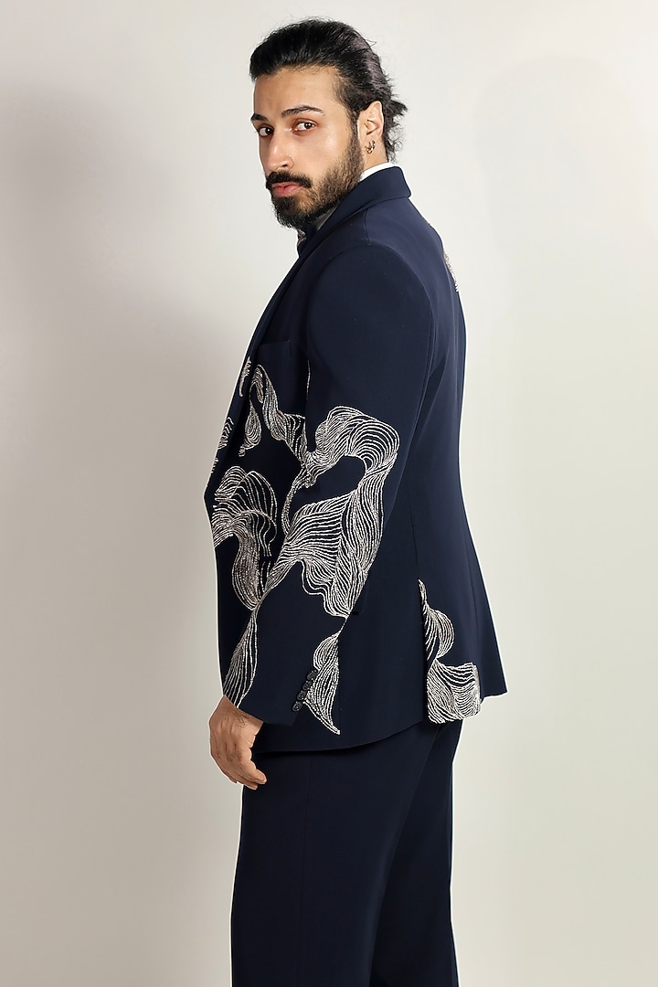 Navy Blue Magna Suiting Fabric Dori Embroidered Tuxedo Set by Bharat ...