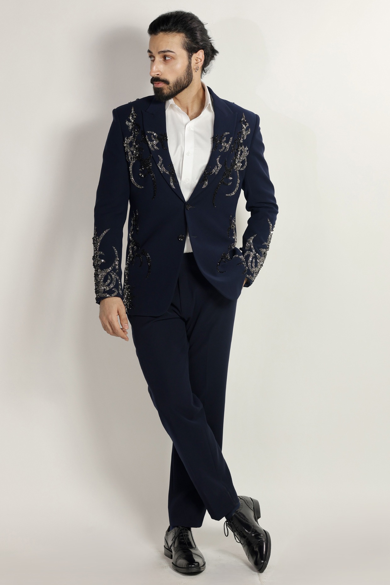 Navy Blue Magna Suiting Fabric Cutdana Embroidered Tuxedo Set by Bharat ...