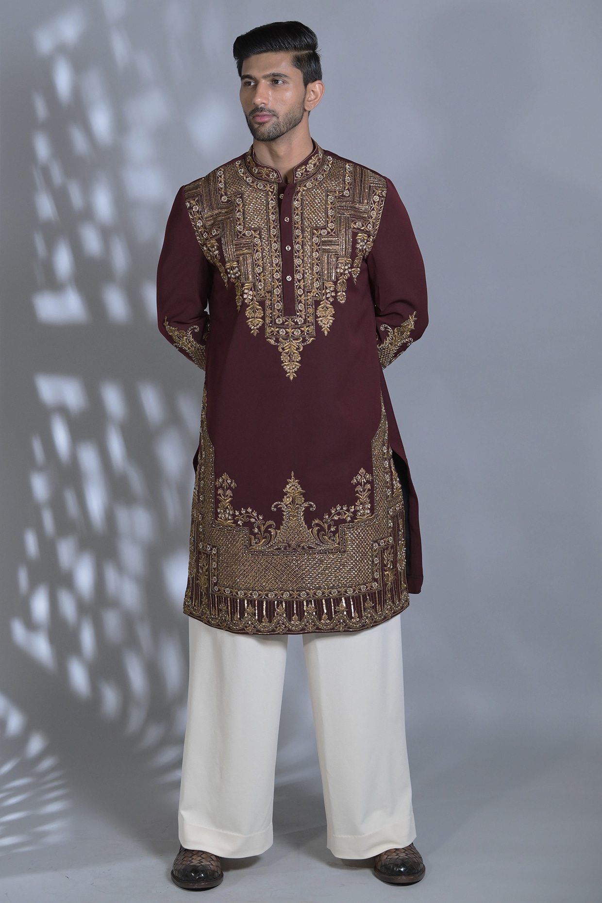 Maroon Japanese Suiting Sequins & Cutdana Embroidered Kurta Set by ...