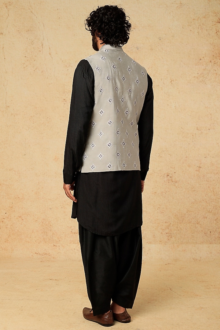 Light Grey Embroidered Nehru Jacket With Kurta Set by VARENYA at Pernia ...