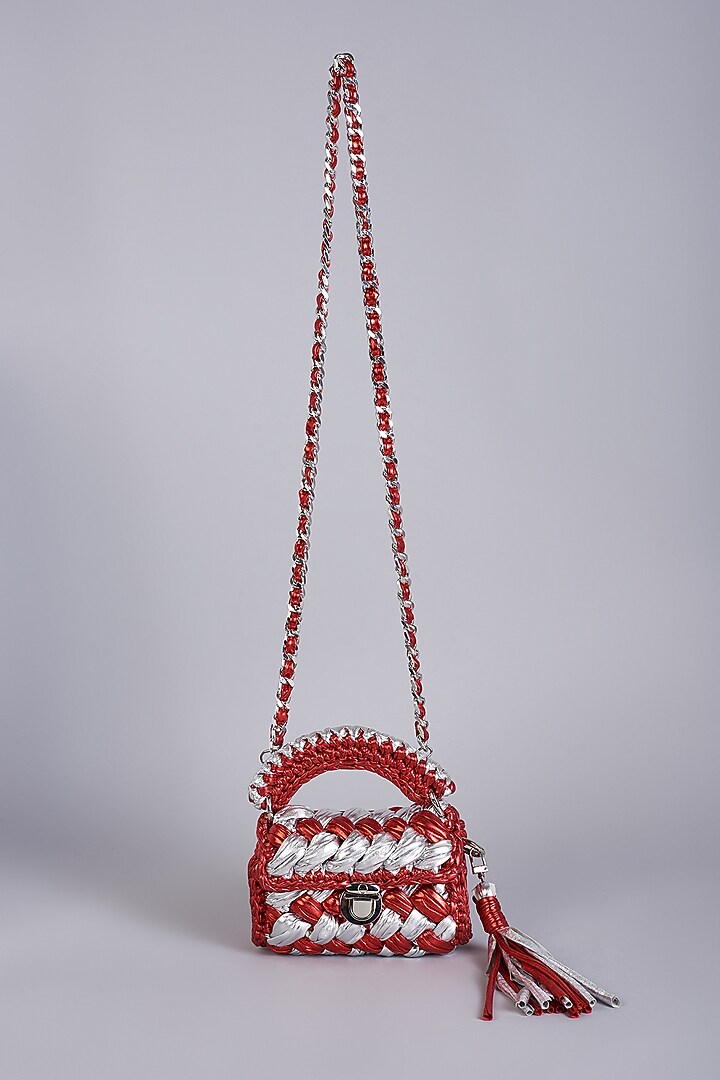 Red & Silver Polyester Yarn Mini Sling Bag by Bijit at Pernia's Pop Up Shop 2025