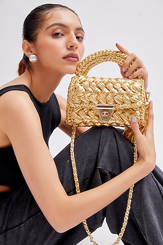 Gold Polyester Yarn Sling Bag by Bijit at Pernia's Pop Up Shop 2026