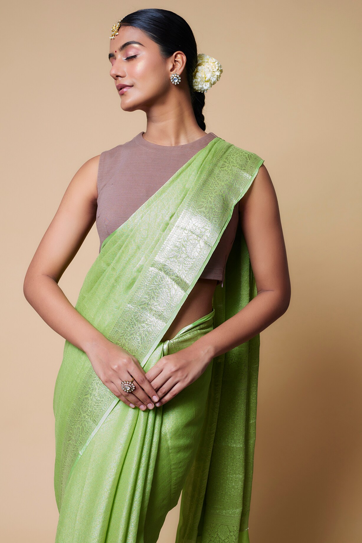 Green Viscose Satin Crepe Saree by Binal Patel at Pernia's Pop Up Shop 2025