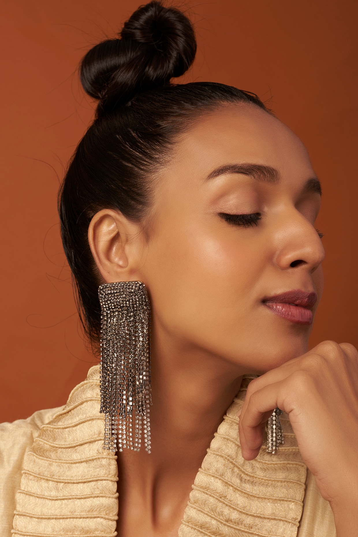 Gold Finish Crystal Waterfall Earrings by Bijoux By Priya Chandna at Pernia s Pop Up Shop