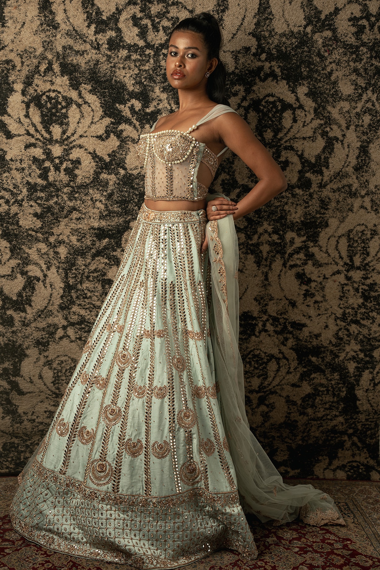 Mint Green Raw Silk Mirror Embroidered Wedding Lehenga Set by JIGAR & NIKITA at Pernia's Pop Up ...