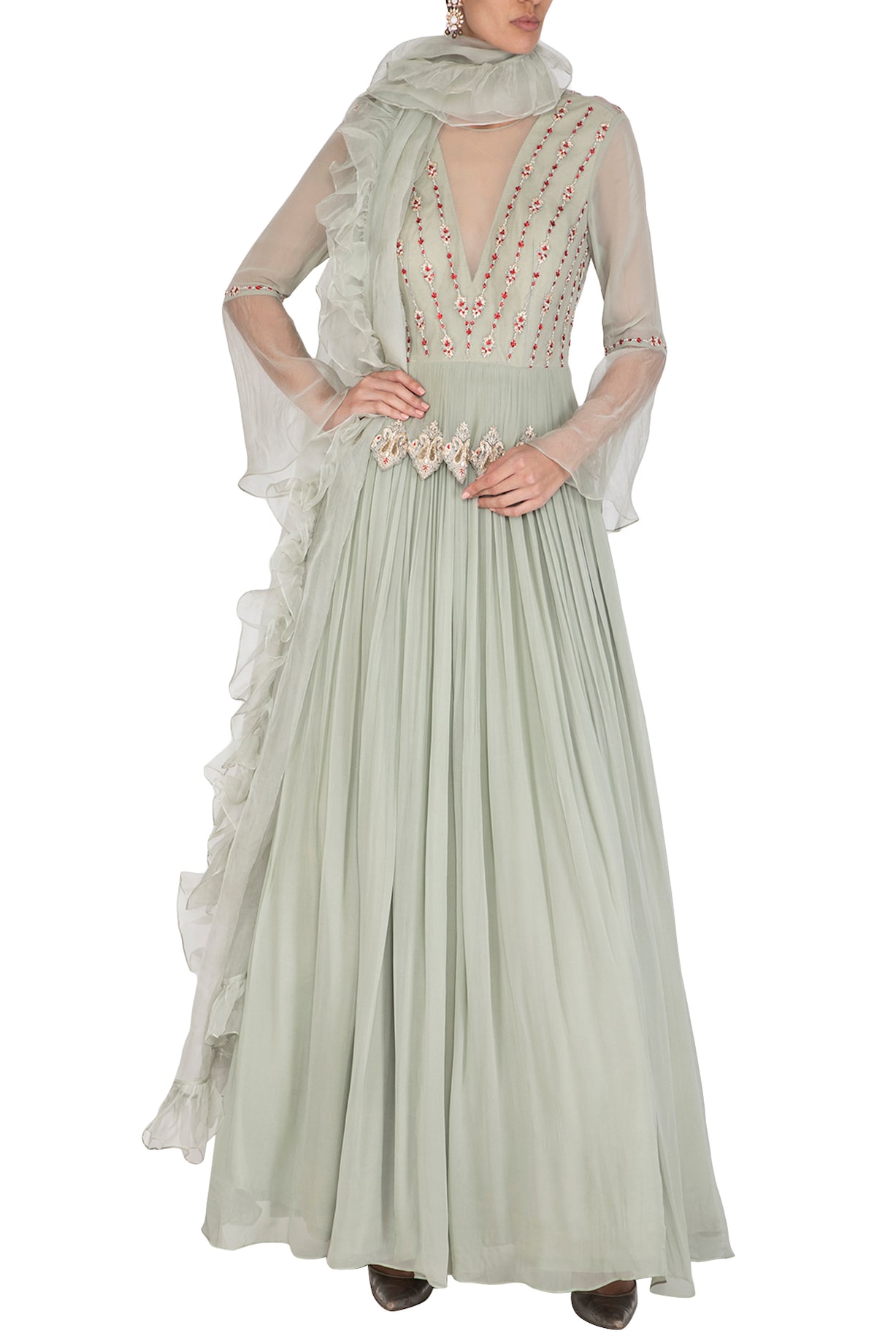 Sage Green Embroidered Anarkali Gown With Ruffled Dupatta Design by ...