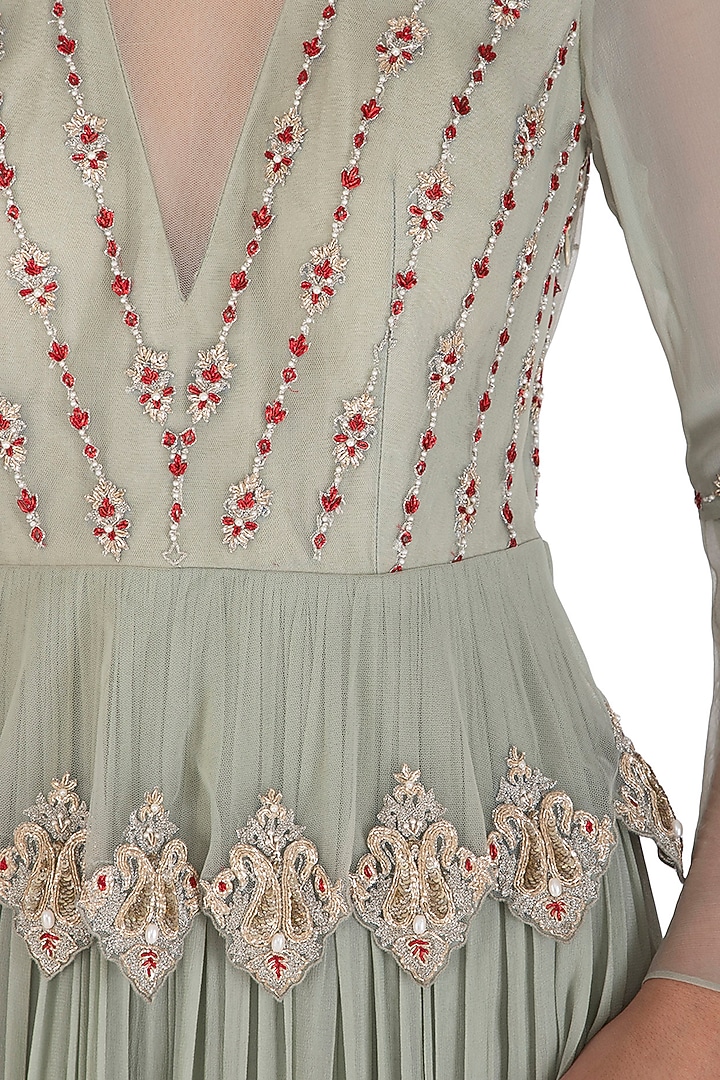 Sage Green Embroidered Anarkali Gown With Ruffled Dupatta Design by ...