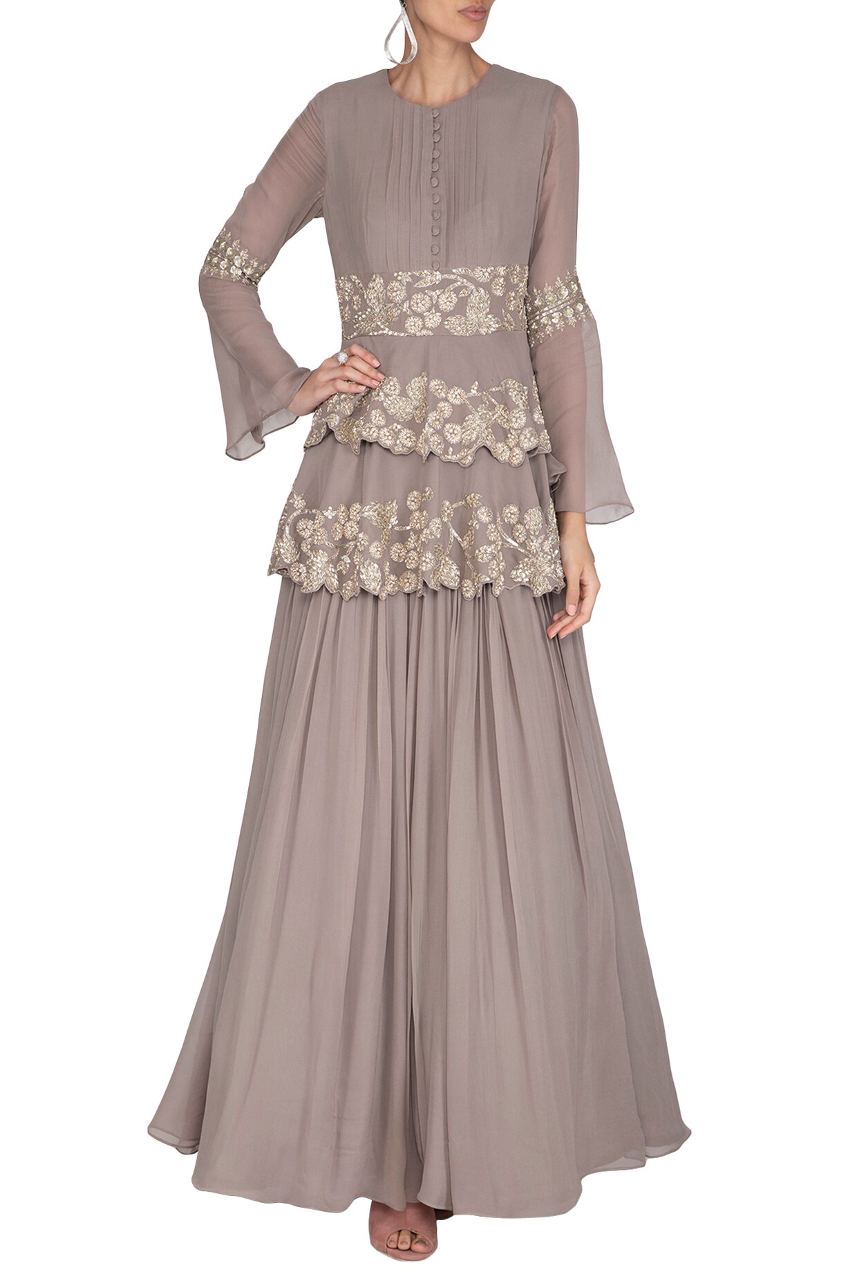 Grey Embroidered Double Peplum Anarkali Gown Design by Bhumika Sharma ...