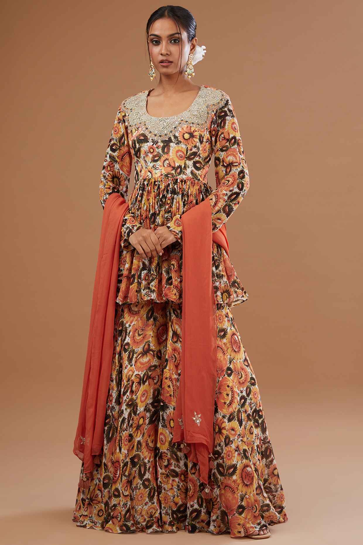 Haldi Yellow Georgette Floral Printed Sharara Set by Bhumika Sharma at ...