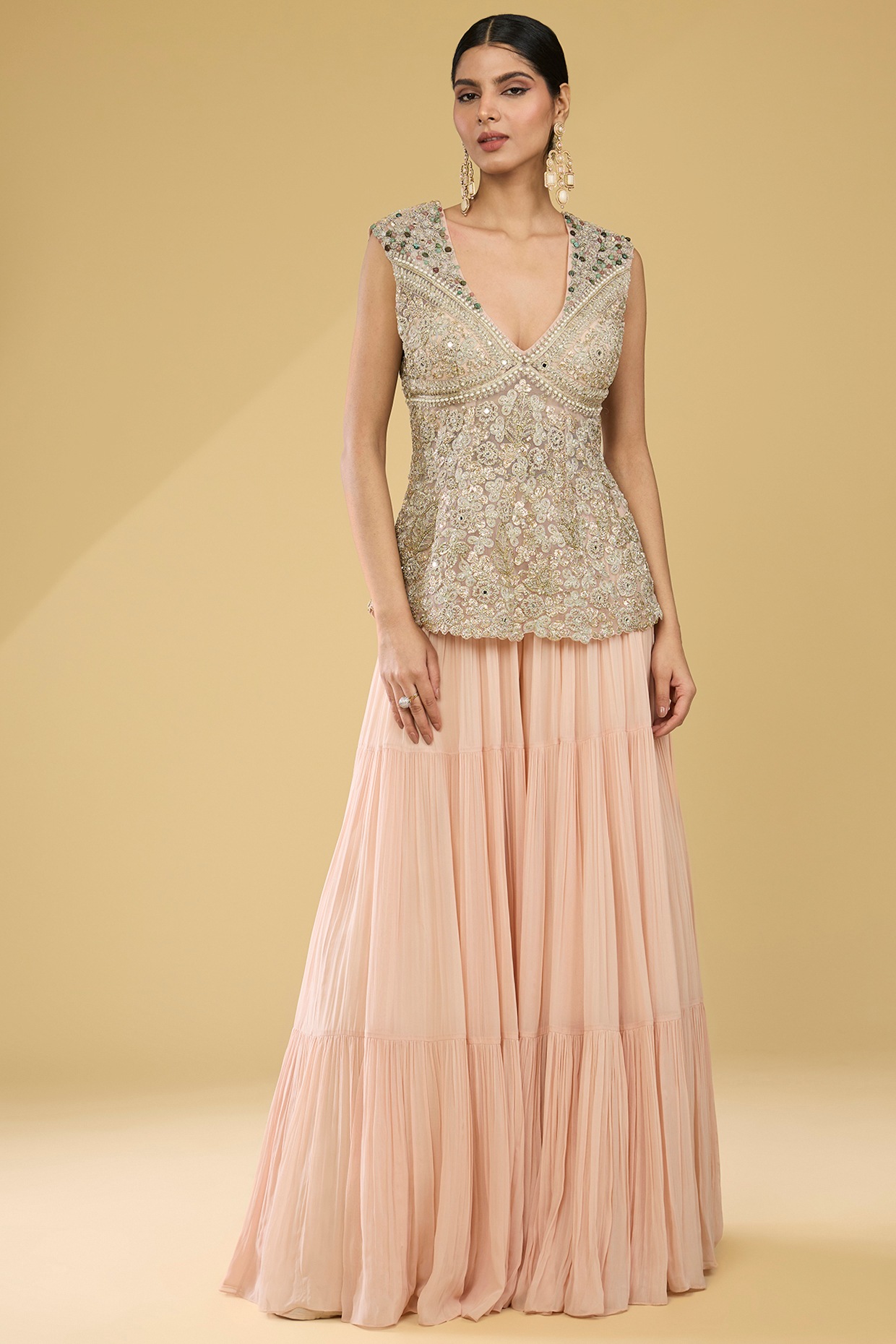 Champagne Georgette & Net Embroidered Kurta Set by Bhumika Sharma at ...