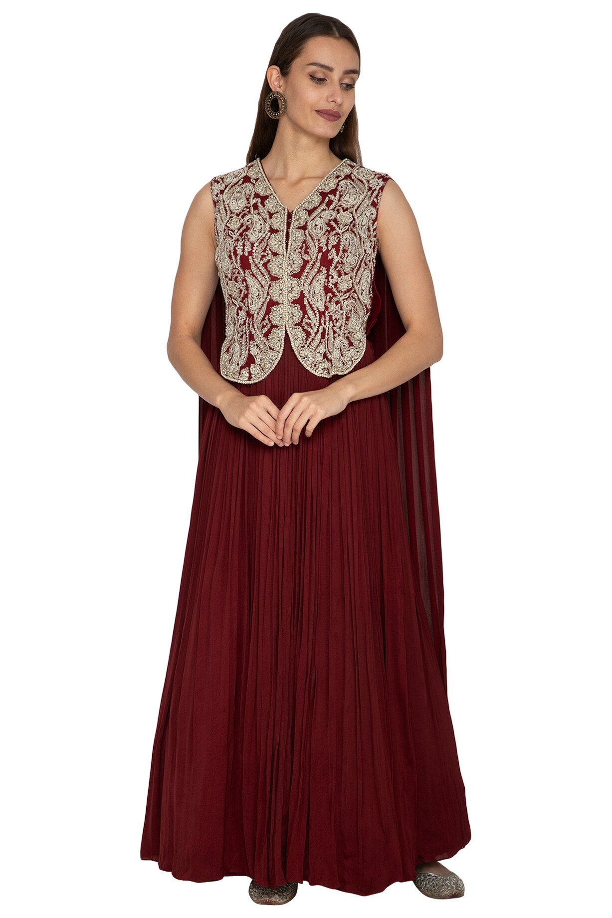 Maroon Jaal Work Embroidered Anarkali With Dupatta by Bhumika Sharma at ...