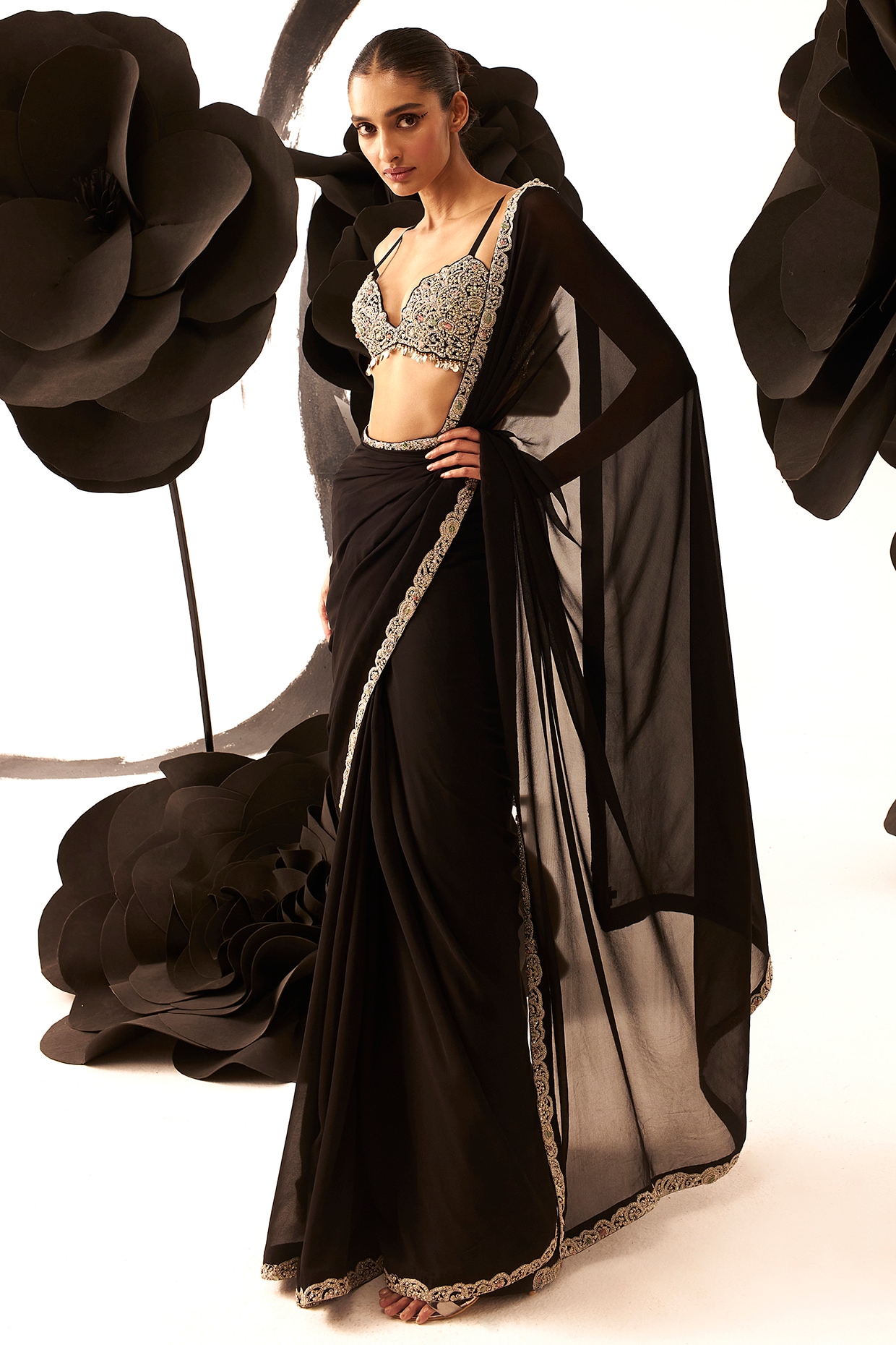 Black Georgette & Net Embroidered Saree Set by Bhumika Sharma at Pernia ...