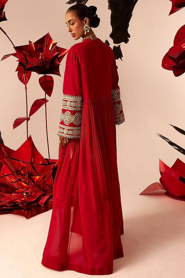 Red Georgette Embroidered Jacket Saree Set by Bhumika Sharma at Pernia ...
