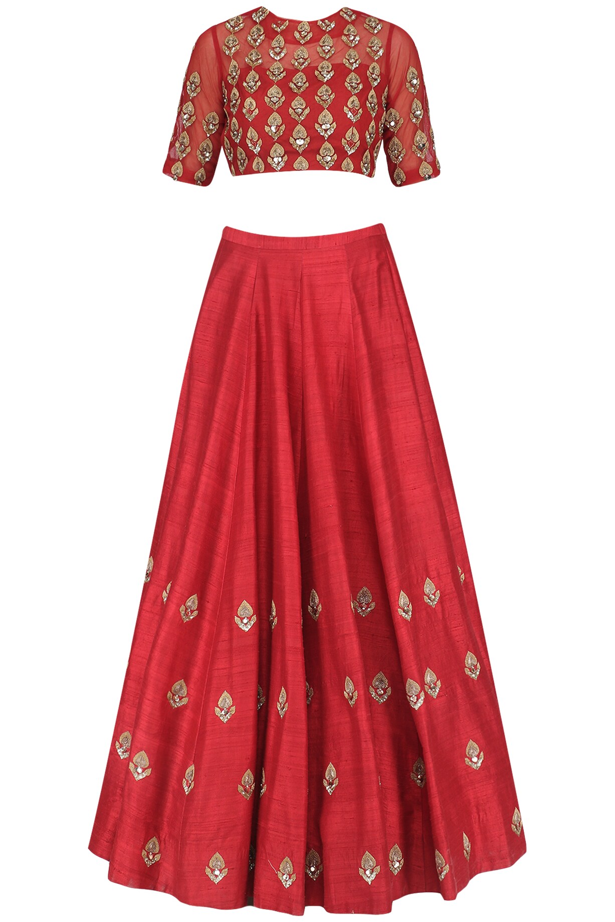 Red zari and dabka embroidered lehenga set available only at Pernia's ...