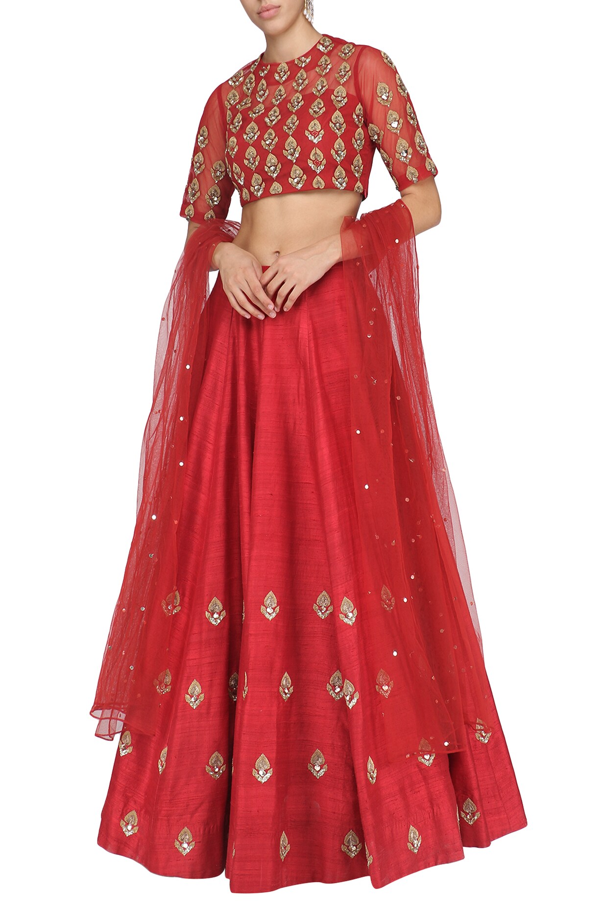 Red zari and dabka embroidered lehenga set available only at Pernia's ...