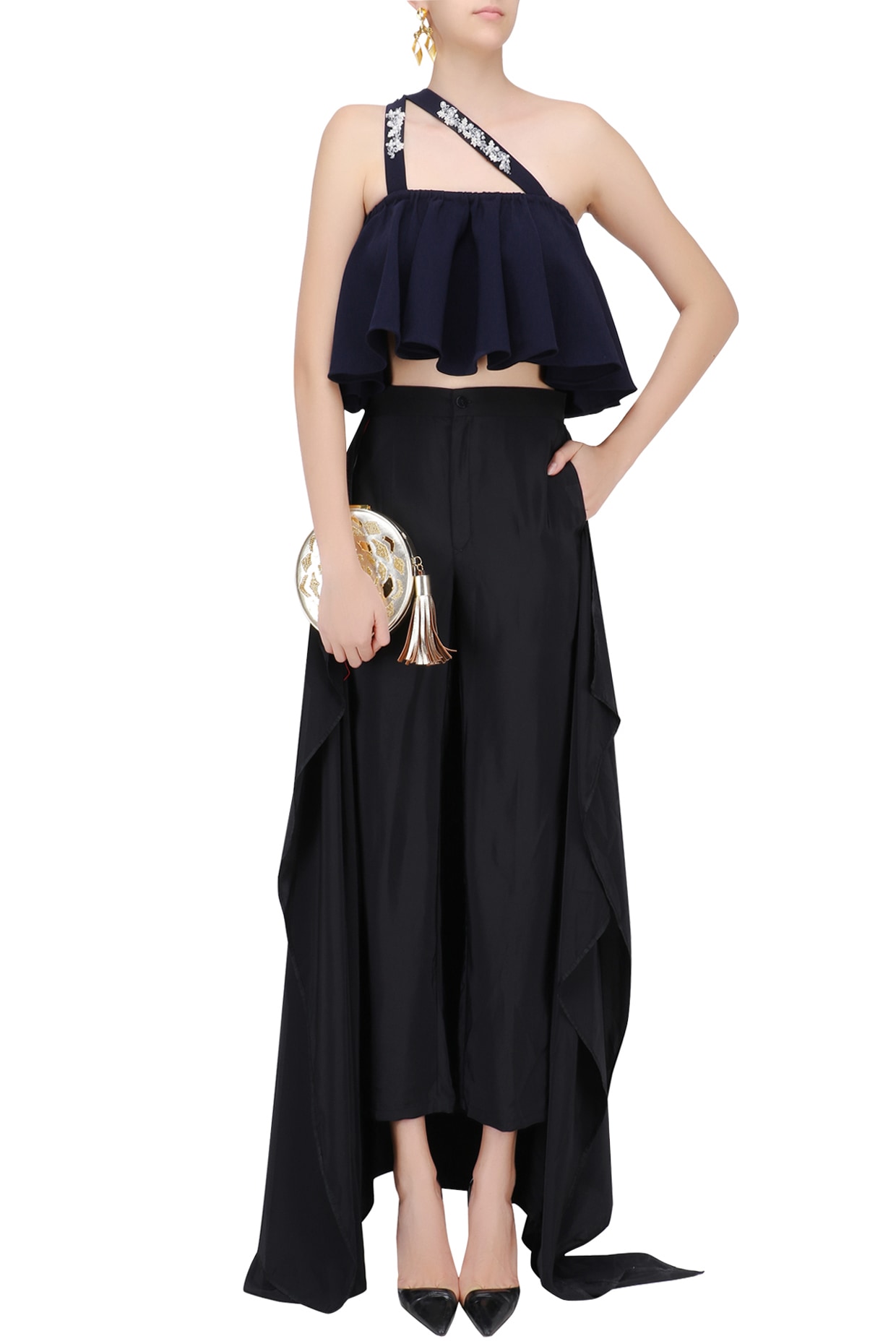 Navy blue pearl embroidered double strap flared crop top available only ...