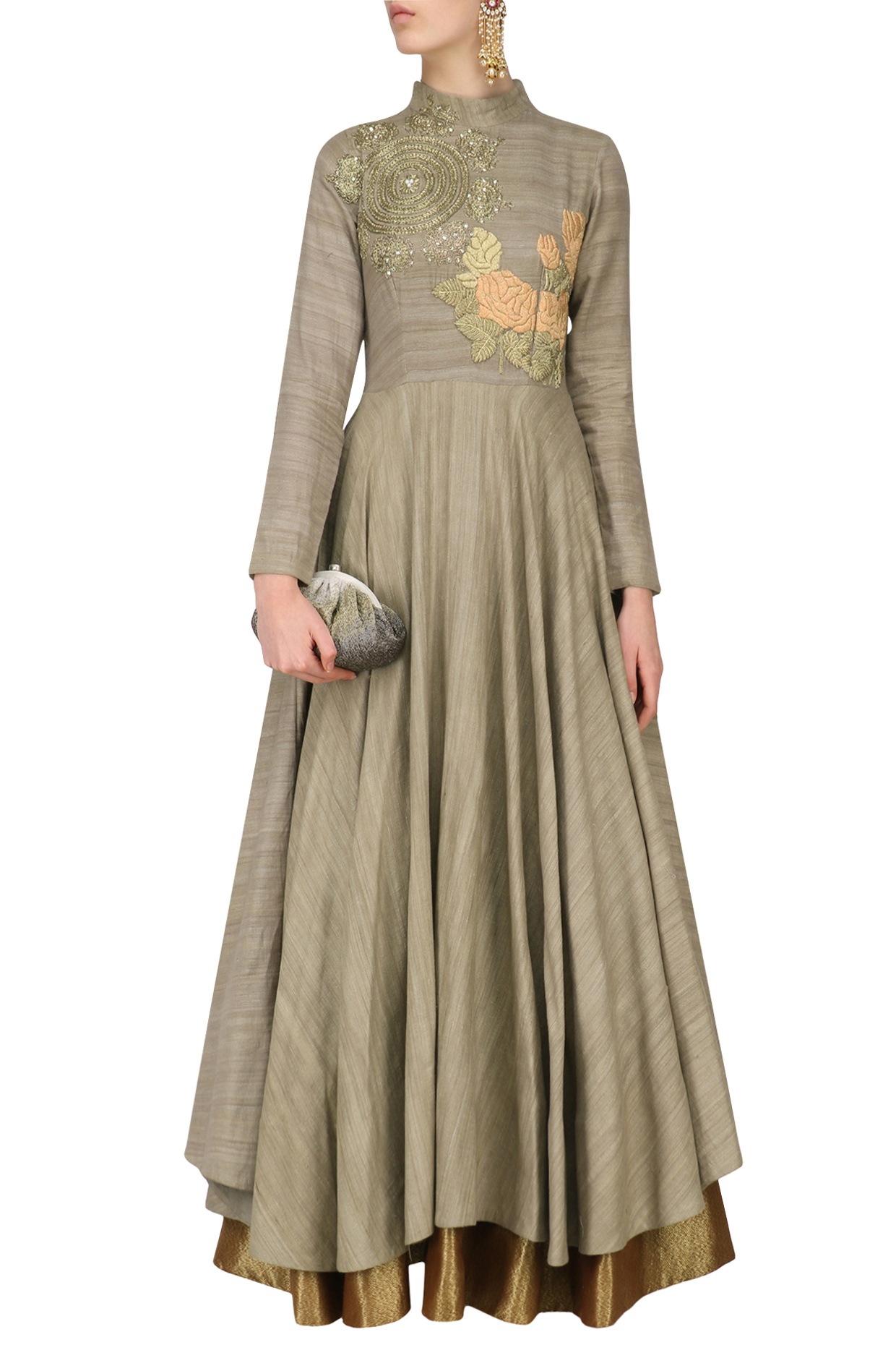 Jade floral thread and dabka embroidered underlay gown available only ...