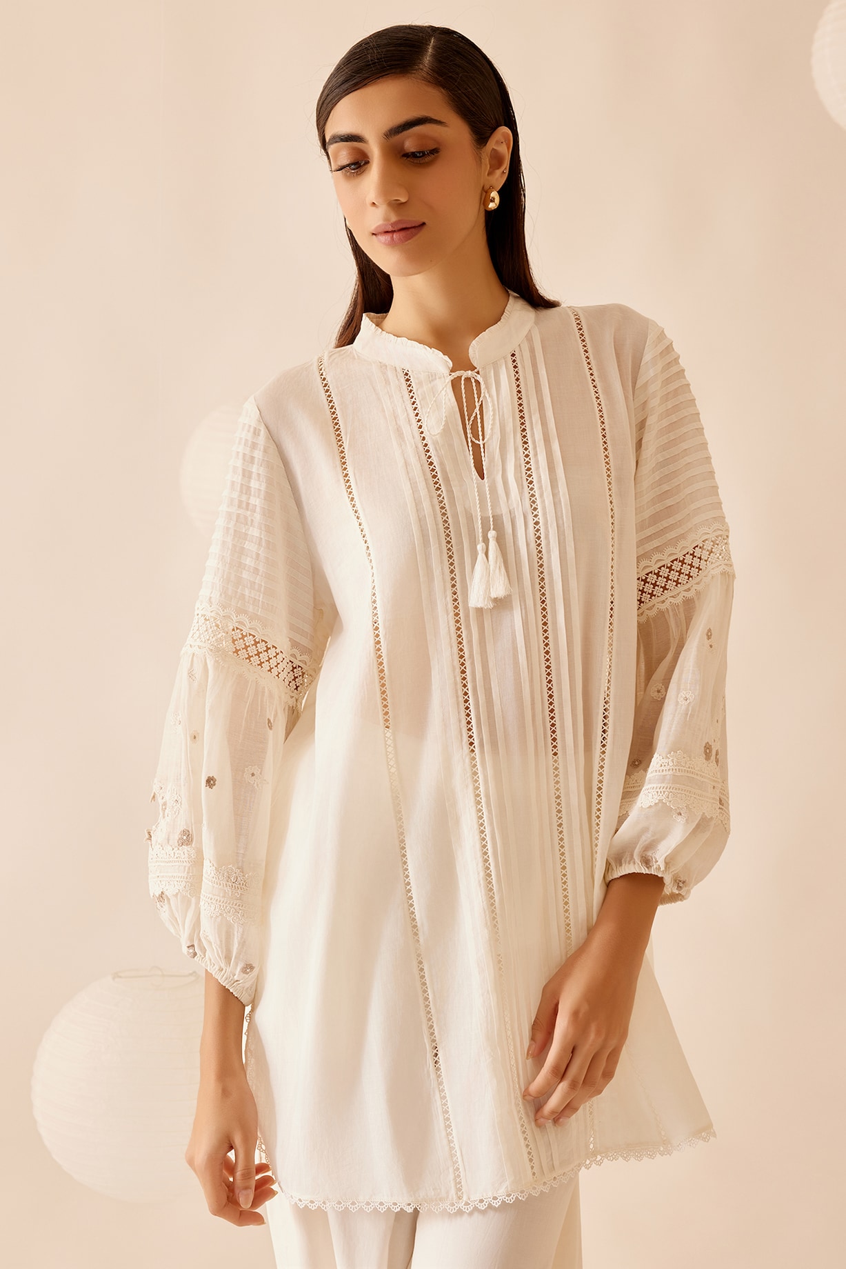 Ivory Cotton Voile Floral Embroidered Tunic Design by Bunka at Pernia's ...
