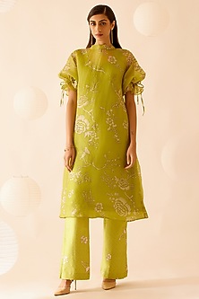 Green Silk Organza Floral Printed & Sequins Embroidered Tunic by Bunka ...