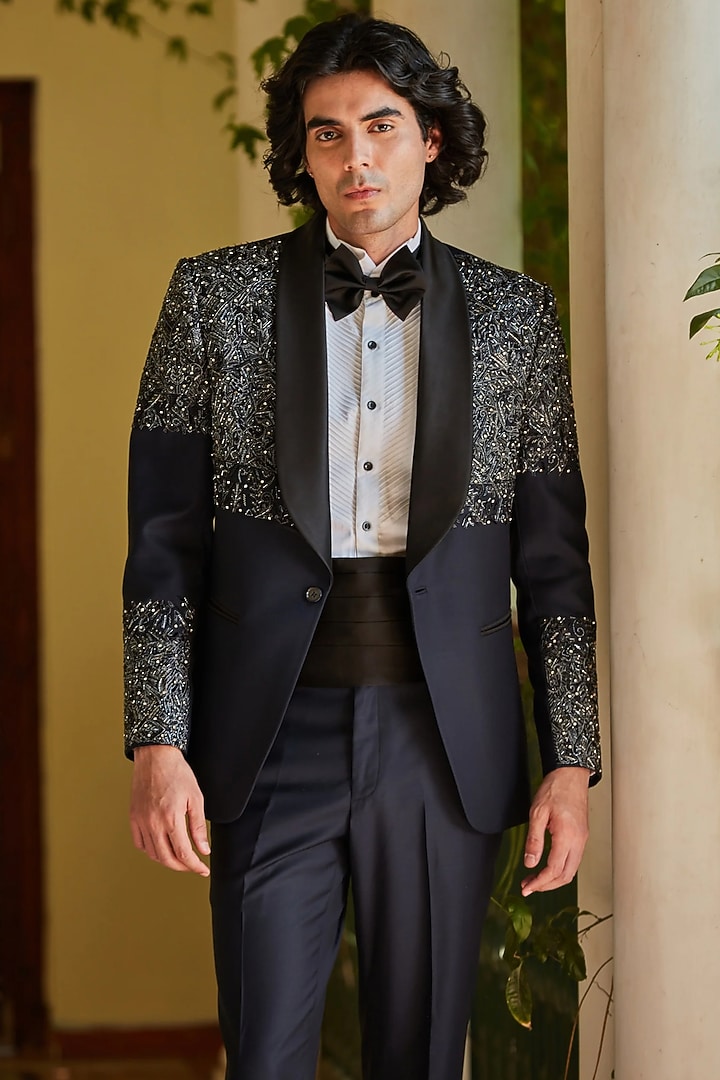 Navy Blue Terry Wool Embroidered Tuxedo Set by Bohame Men at Pernia's ...