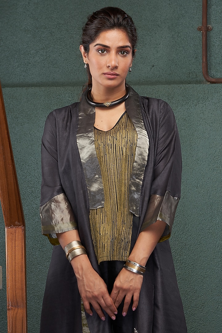 Charcoal Silk & Tussar Jacket Set by Bodhi Tree by Deepika and Neha at ...