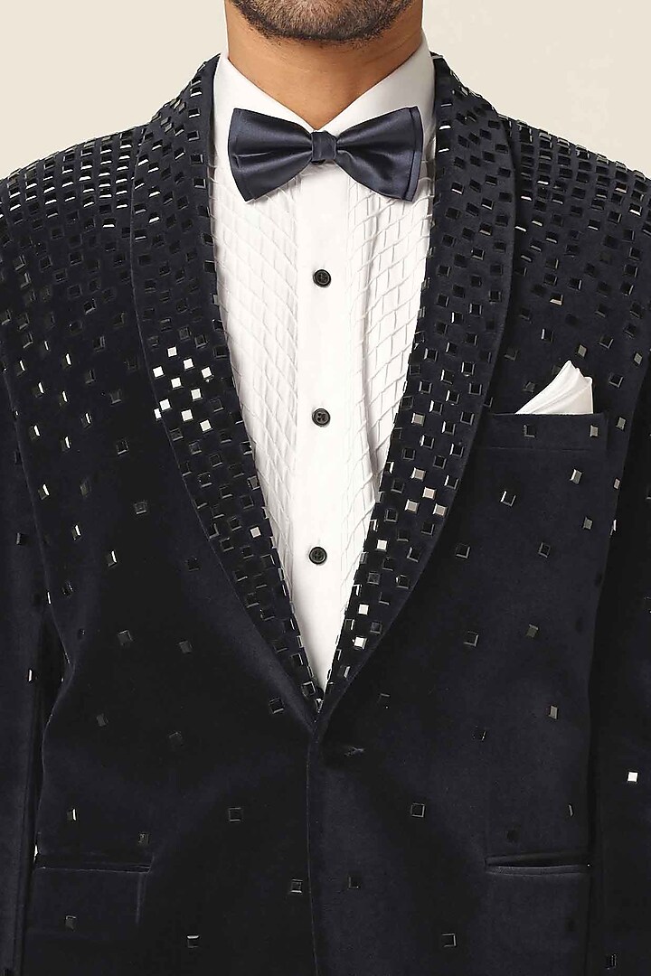 Black Cotton Velvet Mirror Embroidered Tuxedo Set by BRAHAAN at Pernia ...