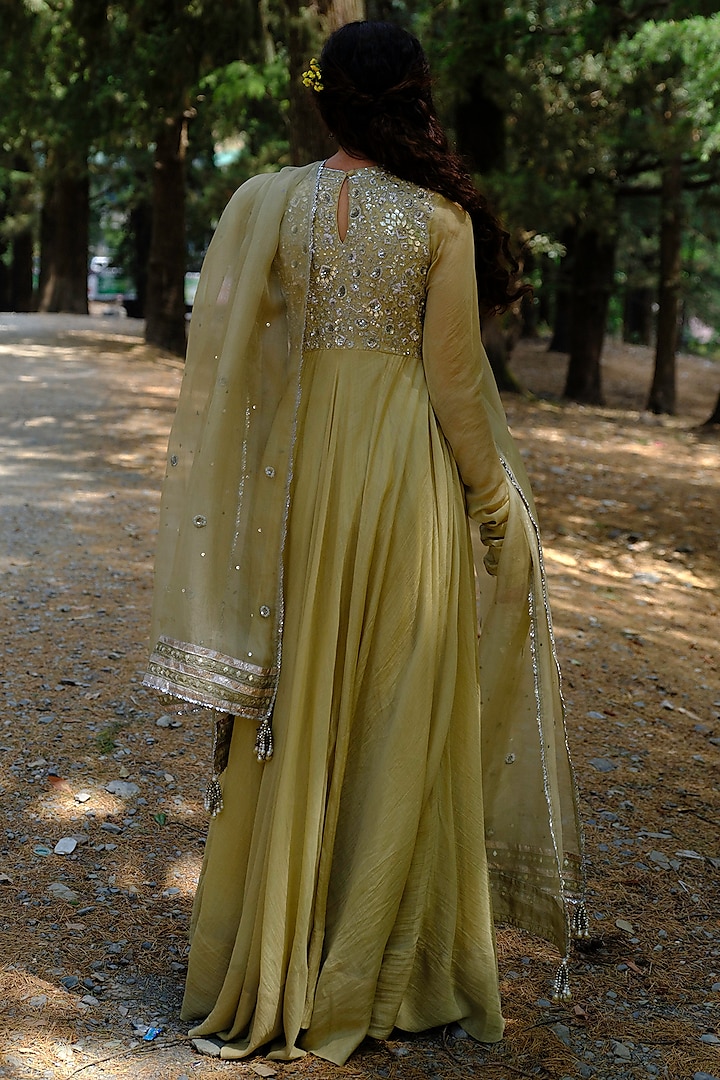 Green Silk Chanderi Zardosi Embellished Kalidar Anarkali Set by Bruhi ...