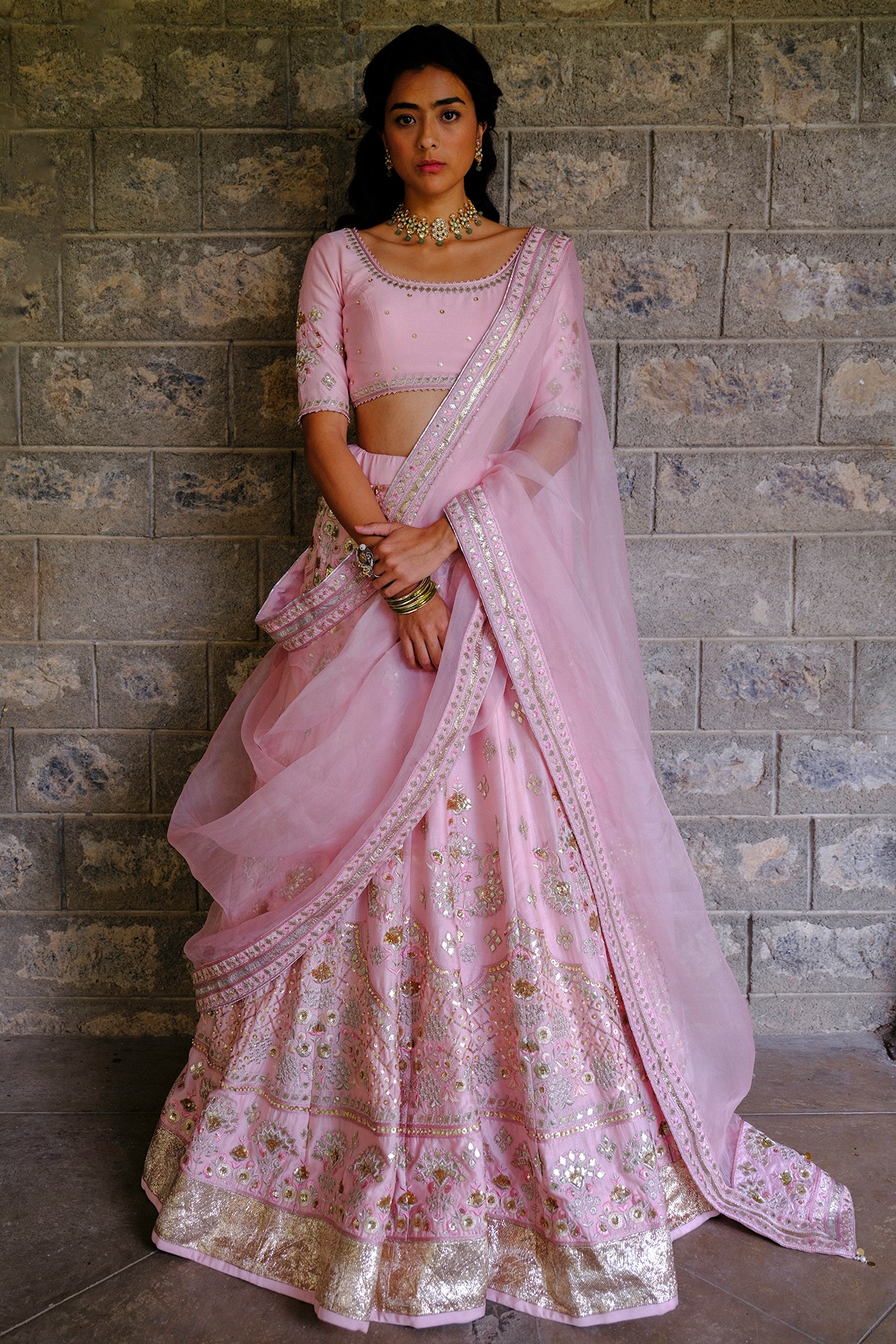Pink Silk Chanderi Floral Motif Embroidered Wedding Lehenga Set by ...
