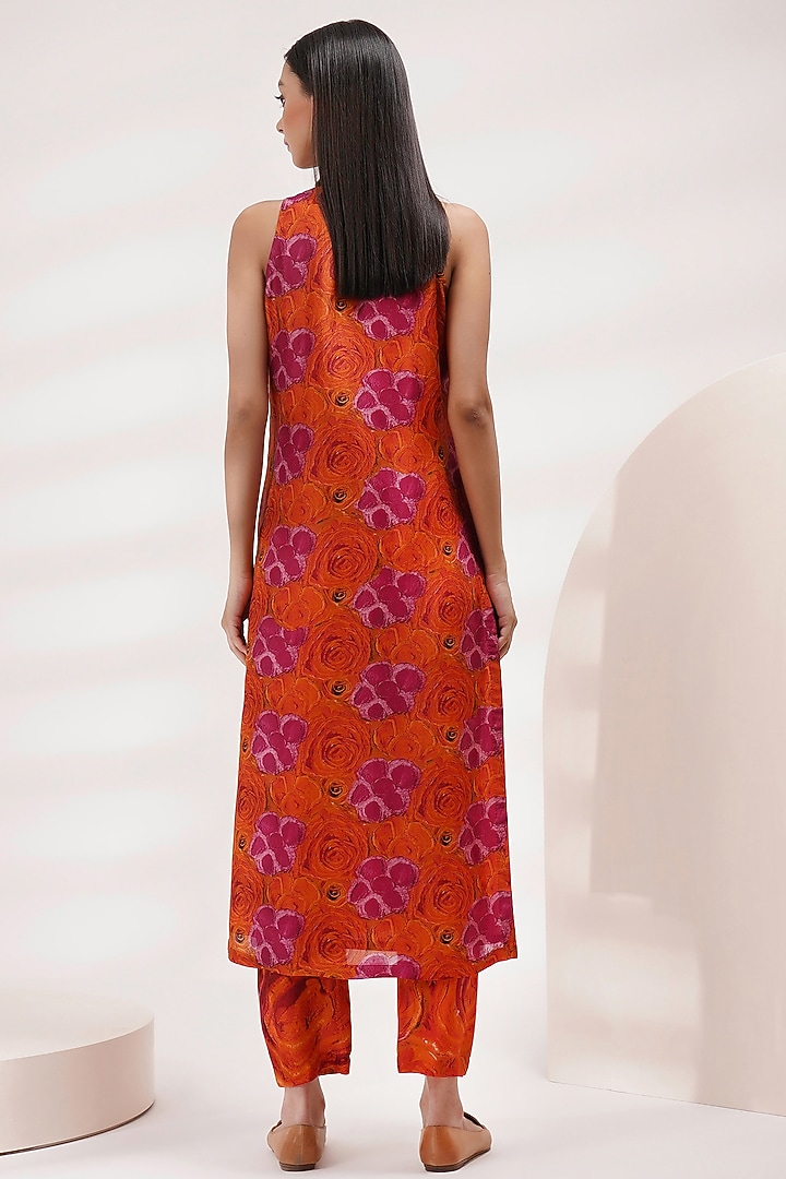 Orange-Pink Upada Silk Hand-Painted & Embellished Kurta Set by Breathe ...