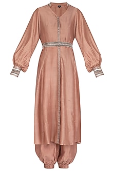 Rusty Peach Embroidered Kurta With Jumper Pants, Crop Top & Belt Design ...