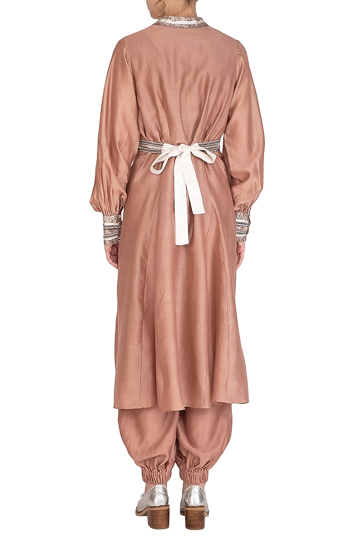 Rusty Peach Embroidered Kurta With Jumper Pants, Crop Top & Belt by ...