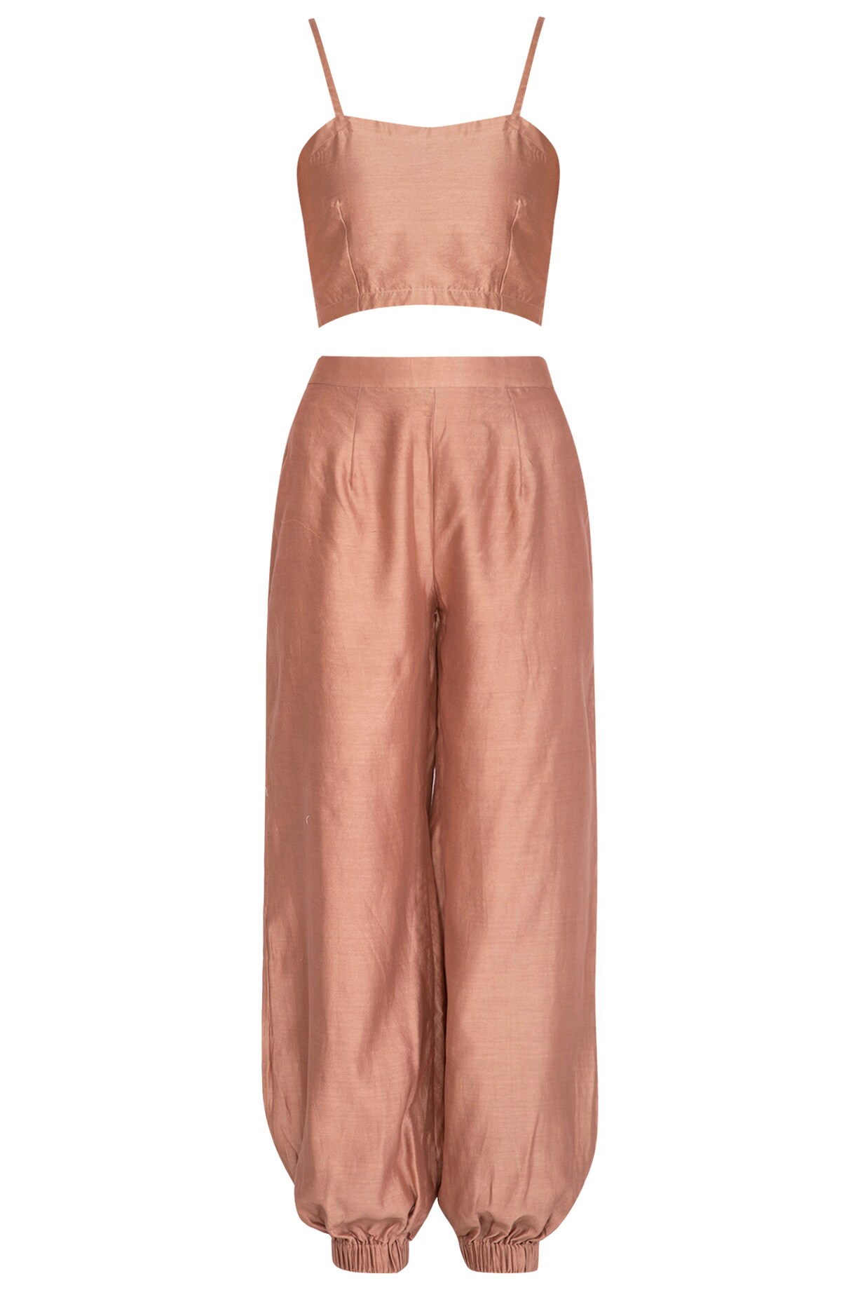 Rusty Peach Embroidered Kurta With Jumper Pants, Crop Top & Belt by ...