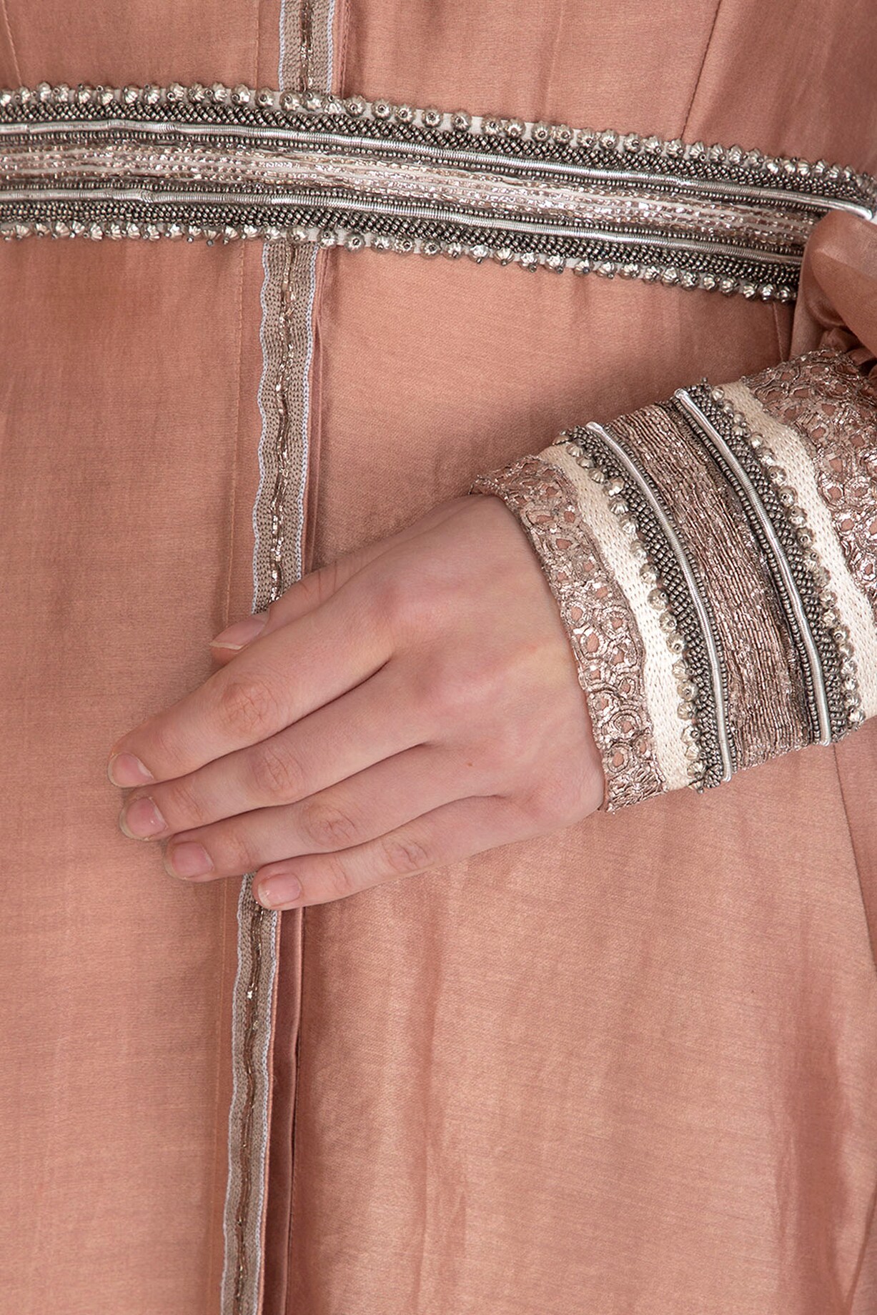 Rusty Peach Embroidered Kurta With Jumper Pants, Crop Top & Belt by ...