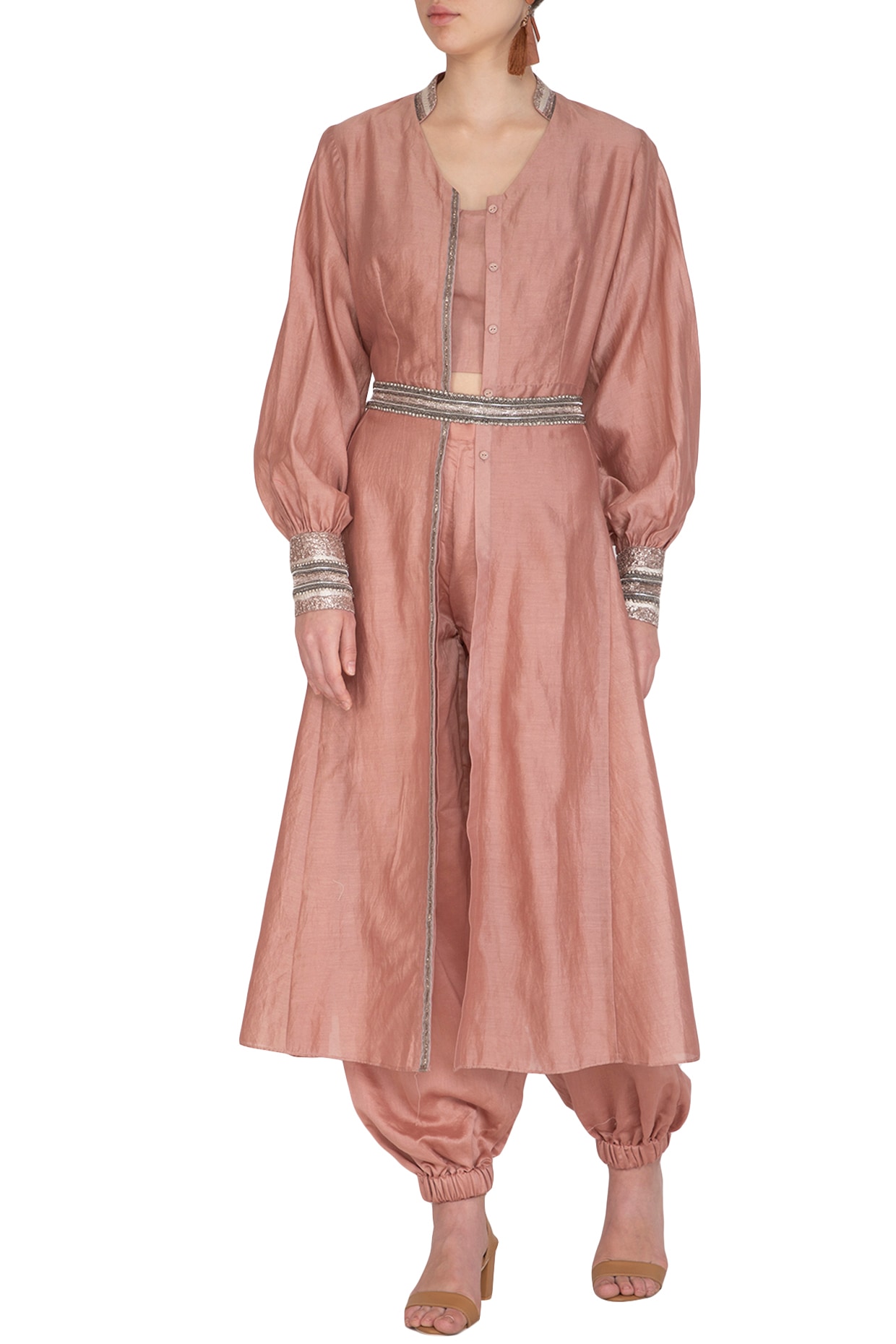 Rusty Peach Embroidered Kurta With Crop Top, Jumper Pants & Belt by ...