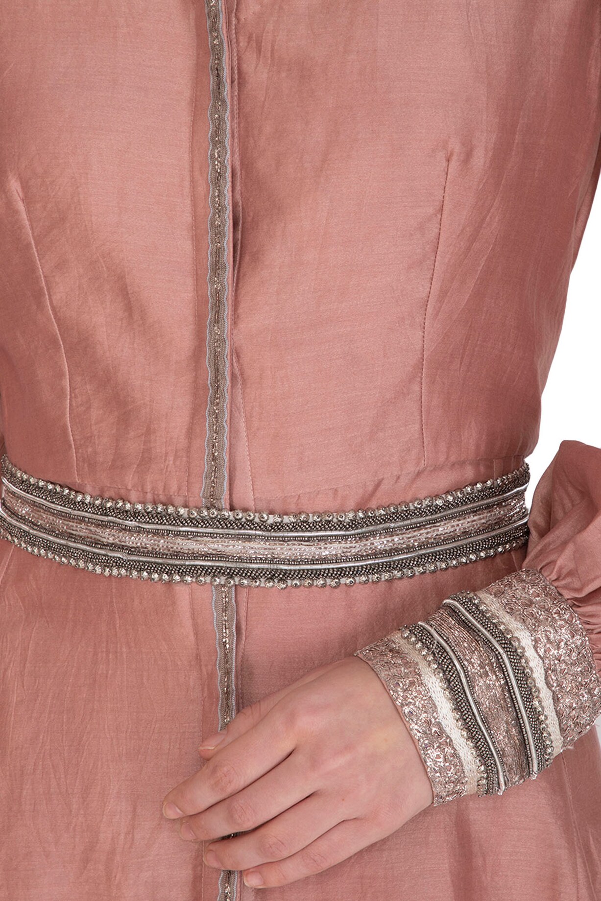 Rusty Peach Embroidered Kurta With Crop Top, Jumper Pants & Belt by ...