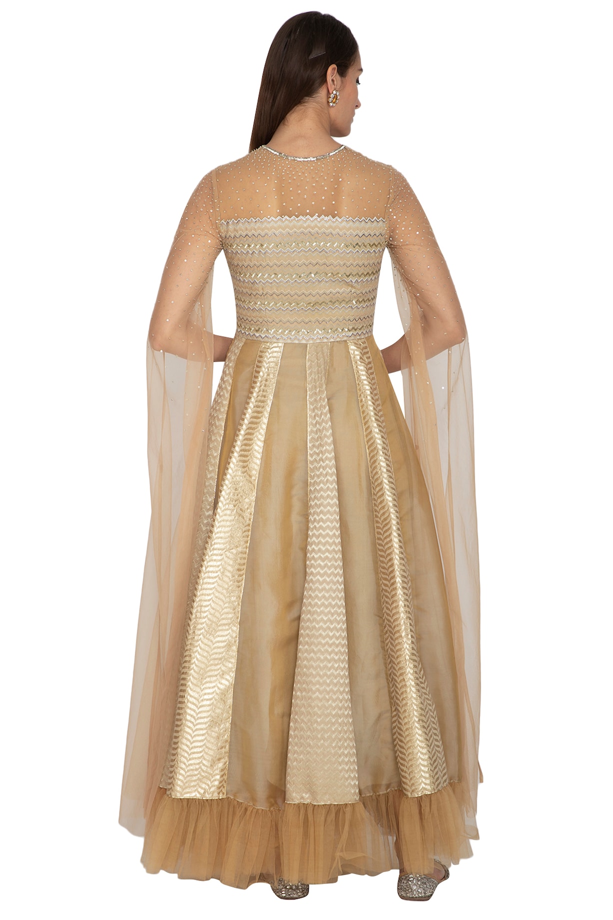 Beige Kalidar Gown With Flowy Net Sleeves by Breathe By Aakanksha Singh ...