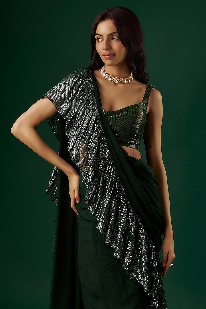 Deep Green Chinon & Shimmer Georgette Sequin Ruffled Saree Set by ...