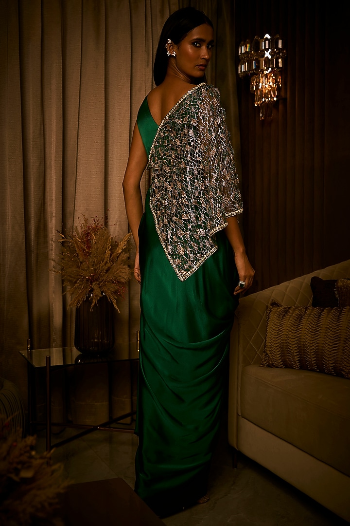 Midnight Moss Green Pure Satin Draped Reception Gown Saree by Babita ...