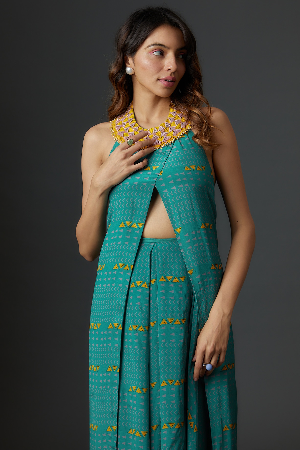 Teal Blue Crepe Draped Dhoti Skirt Set by Babita Malkani at Pernia's ...