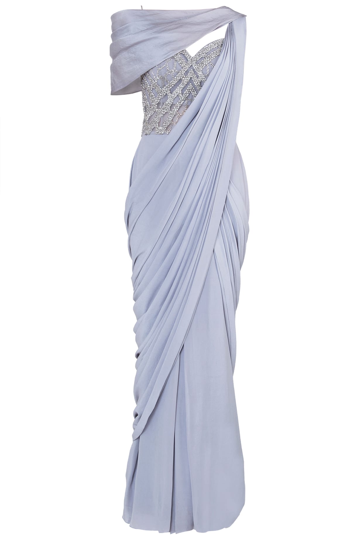 Grey off shoulder gown saree available only at Pernia's Pop Up Shop. 2025