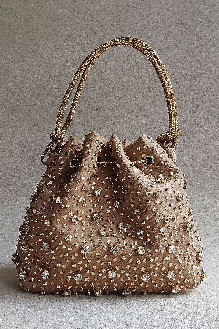 Gold Hand Embellished Bucket Bag by PLODE at Pernia's Pop Up Shop 2026