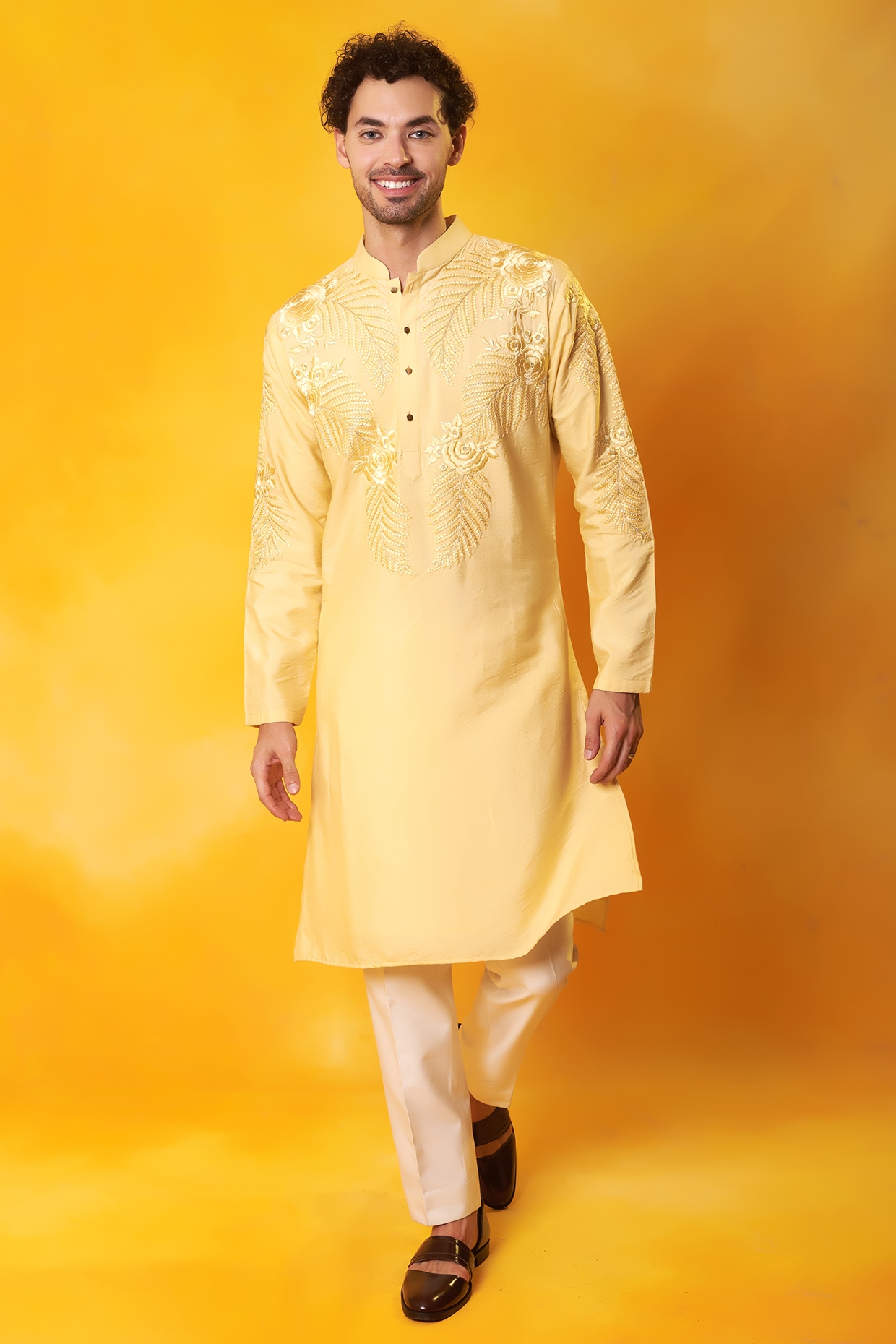 Yellow Matka Silk Embroidered Kurta Set by Bhavya Bhasin at Pernia's ...