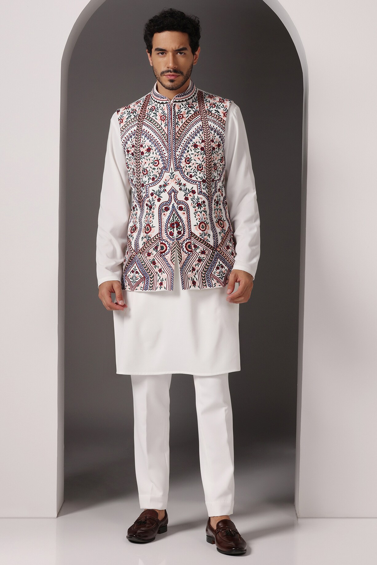 Ivory Moss Crepe Embroidered Nehru Jacket Set by Bhavya Bhasin at ...
