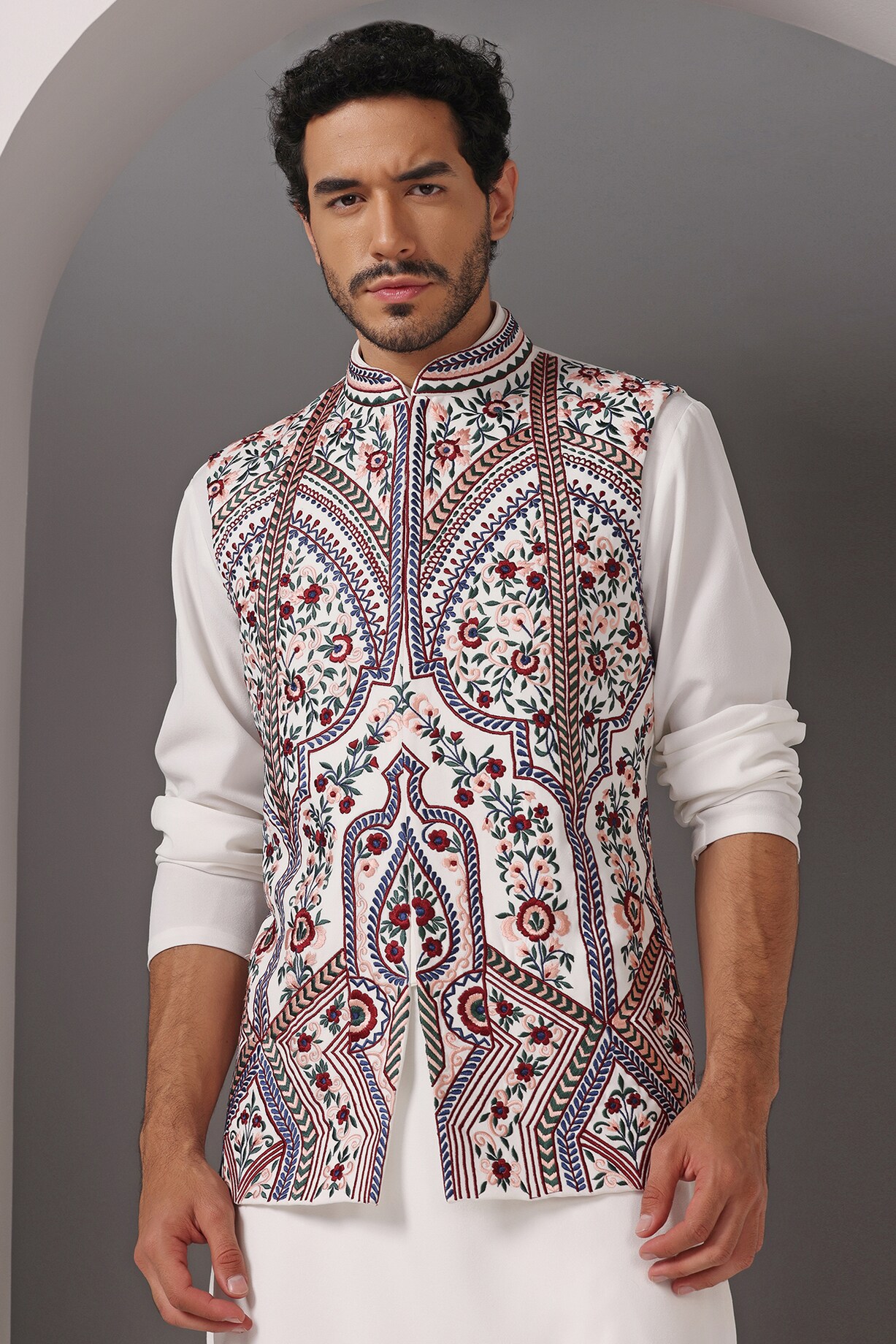 Ivory Moss Crepe Embroidered Nehru Jacket Set by Bhavya Bhasin at ...