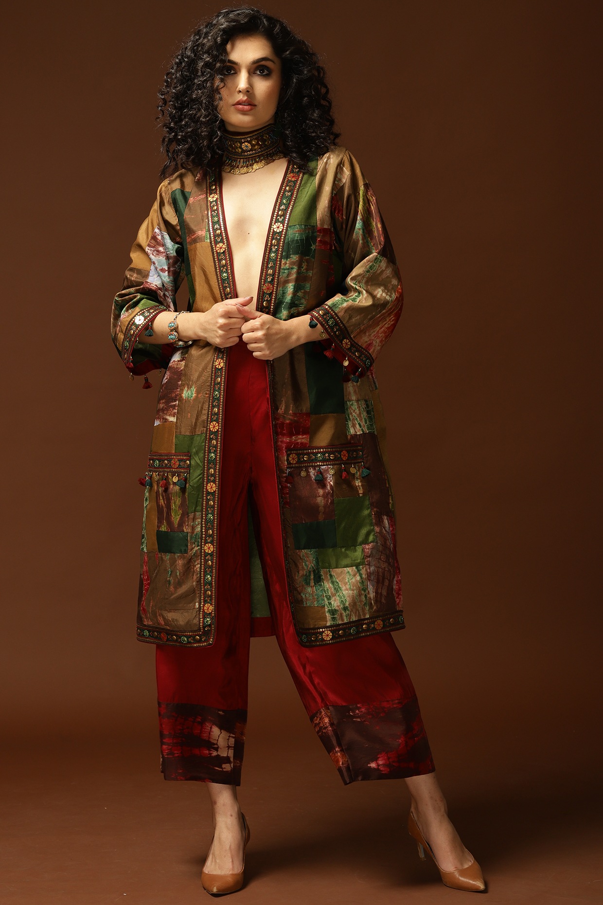 Golden Embroidered Front-Open Long Jacket by Capisvirleo at Pernia's ...
