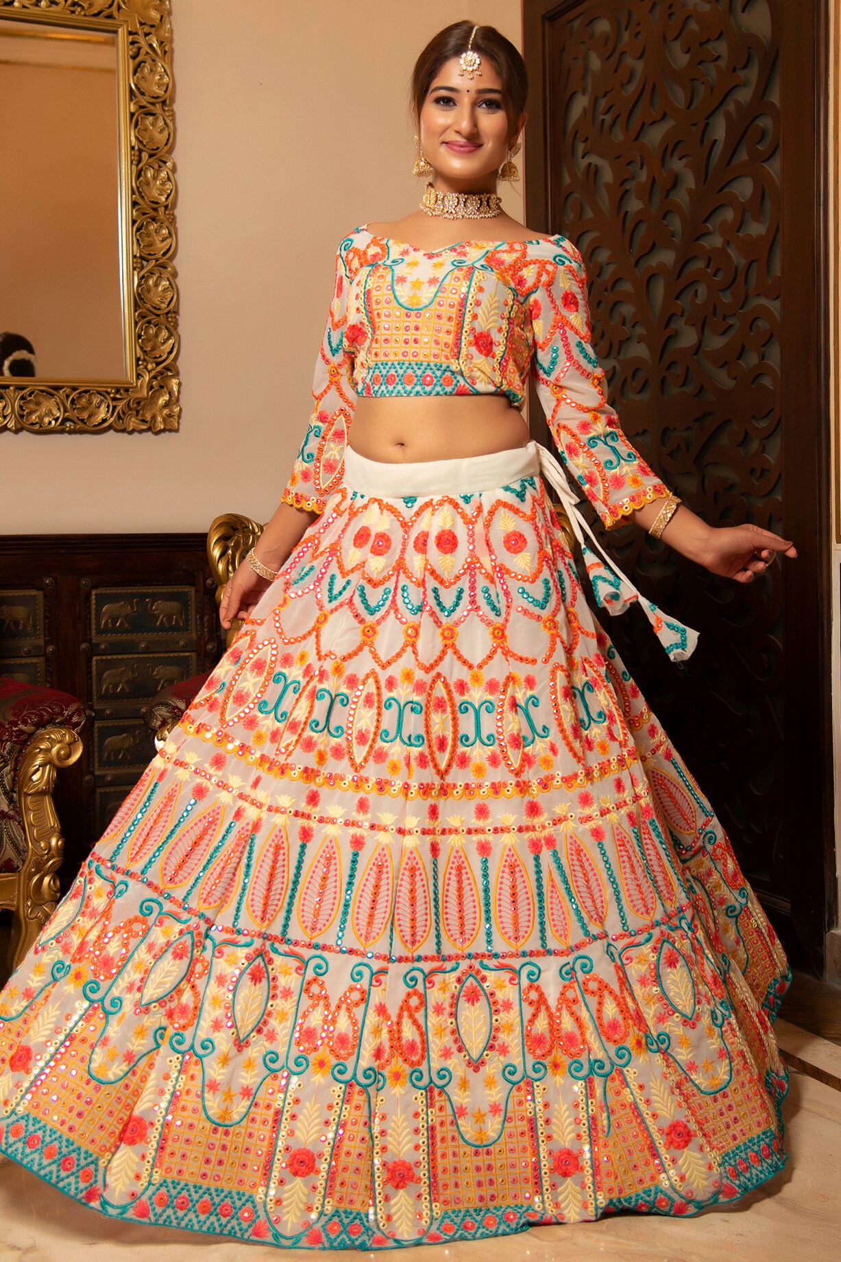 Multi-Colored Georgette Embroidered Lehenga Set by Calmna at Pernia's ...