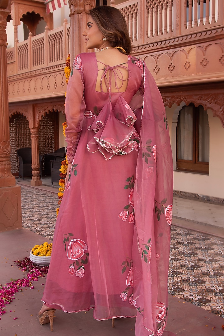 Rose Gold Organza Hand-Painted Anarkali Set by Calmna at Pernia's Pop ...
