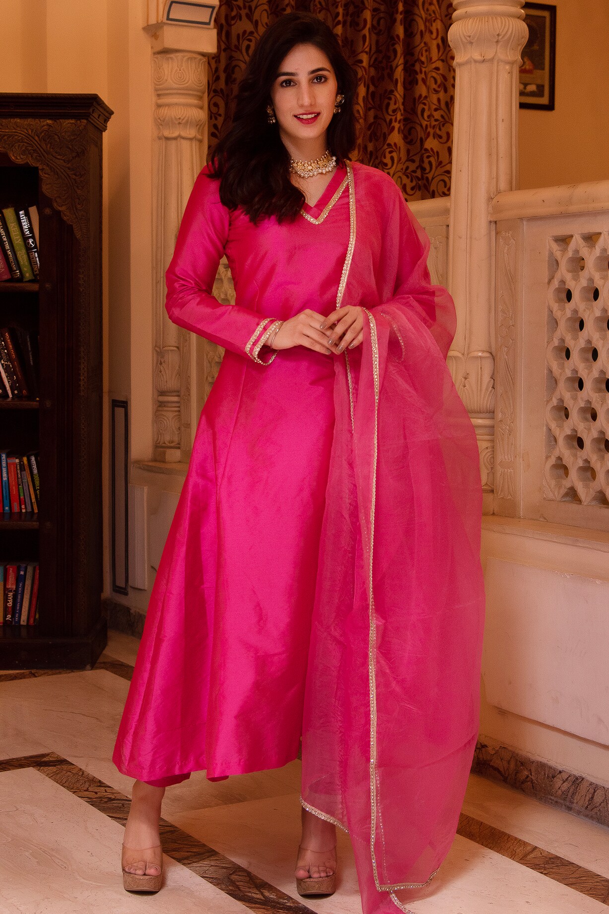 Rani Pink Taffeta Silk Kurta Set by Calmna at Pernia's Pop Up Shop 2025