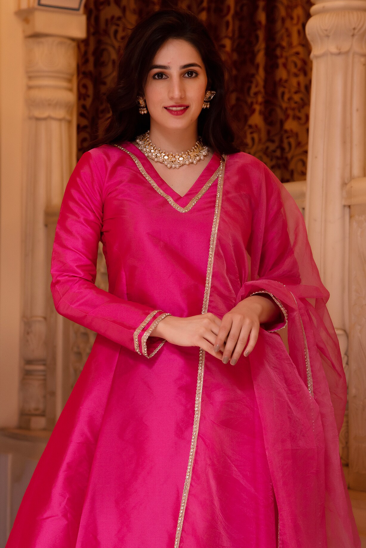 Rani Pink Taffeta Silk Kurta Set by Calmna at Pernia's Pop Up Shop 2025