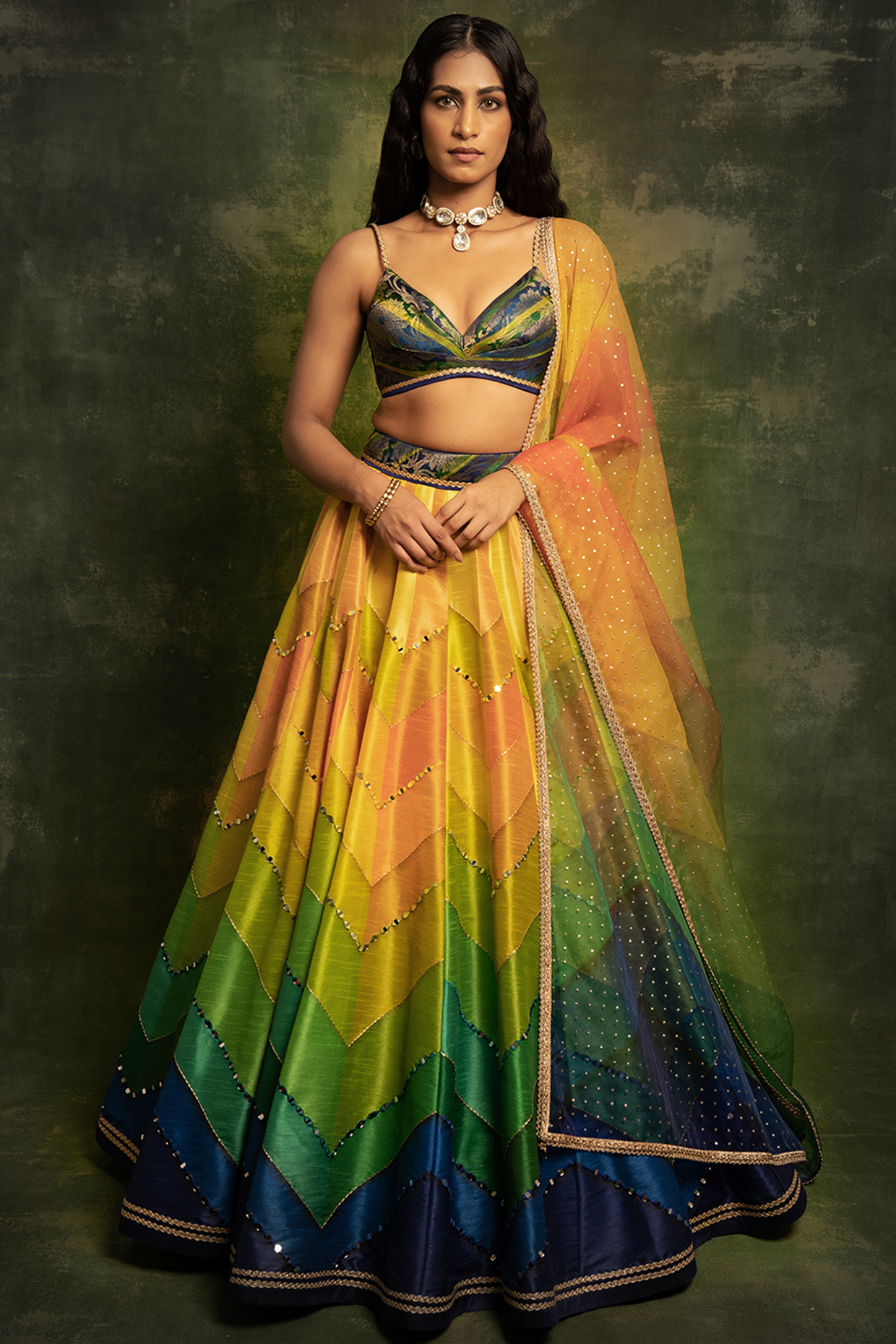 Multi Colored Dupion Embroidered Lehenga Set Design By Cedar And Pine